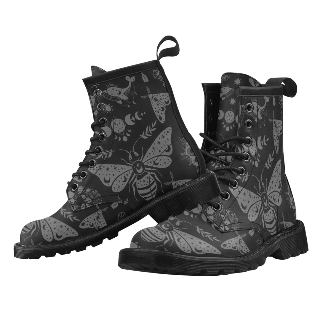 Ladies Celestial Witchy Moth Goth Print Combat Style Lace up PU ...