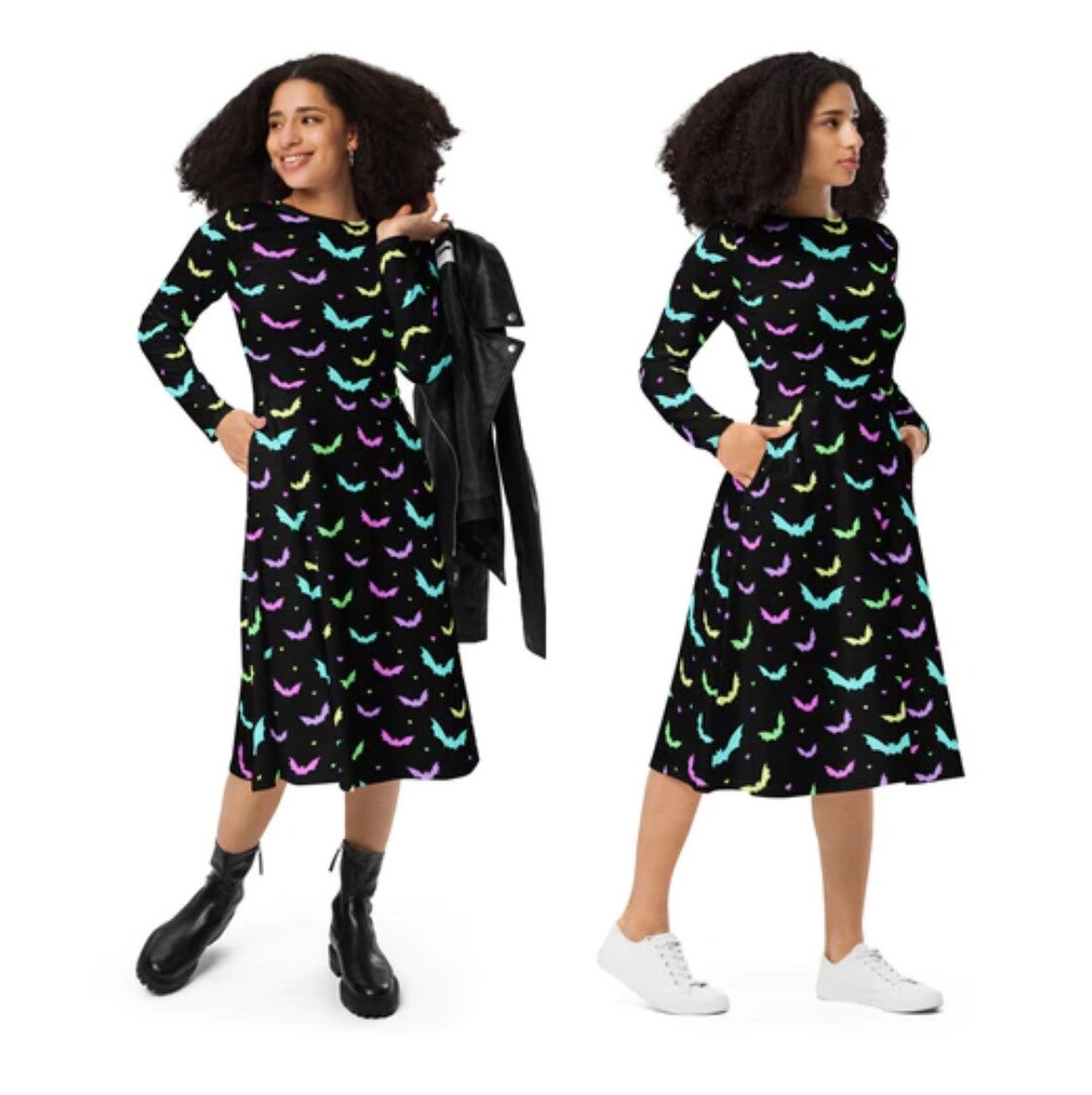 Pastel Bats Midi Dress Long Sleeved Ladies With Pockets Goth - Etsy