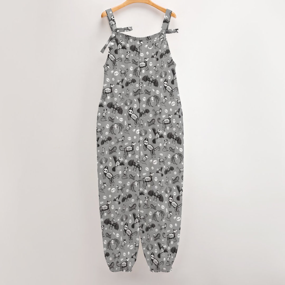 Grey Animal Skeleton Gothic Spooky Halloween Print Ladies Dungarees ...