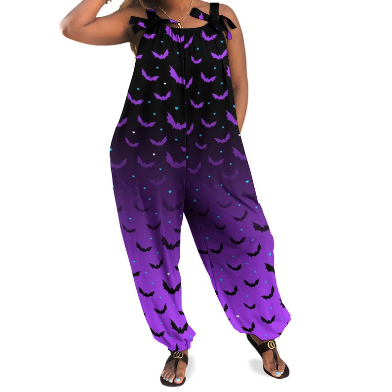 Purple Black Ombre Bat Spooky Halloween Print Ladies Dungarees Overalls ...