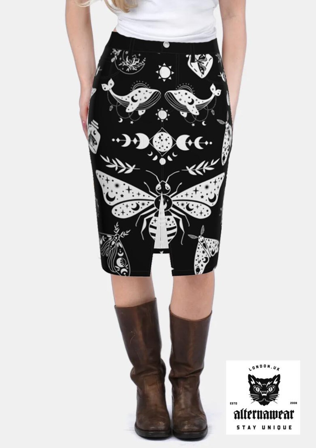 Celestial Moth Gothic Denim Skirt, Black & White Moon Print Below Knee ...