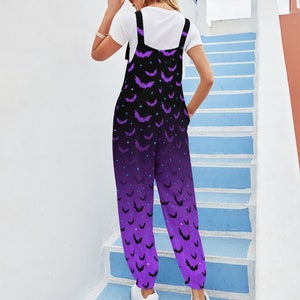 Purple Black Ombre Bat Spooky Halloween Print Ladies Dungarees Overalls ...