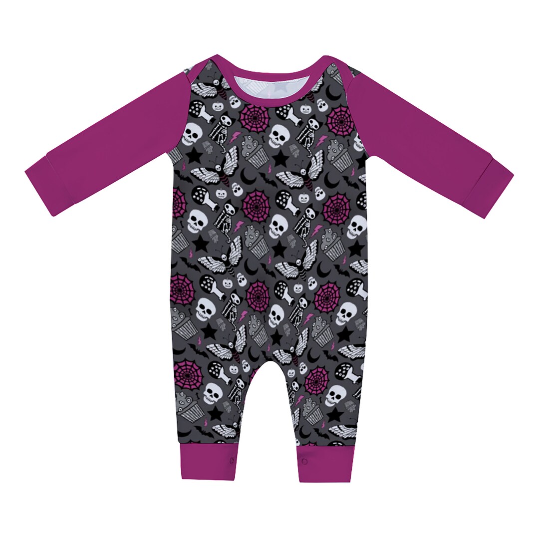 Spooky Skulls, Bats, Skelecat Pink Black Print Baby Romper Footie Suit ...