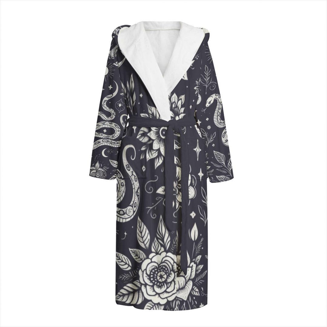 Blue Celestial Witchy Goth Snake & Flowers Print Dressing Gown Bathrobe ...