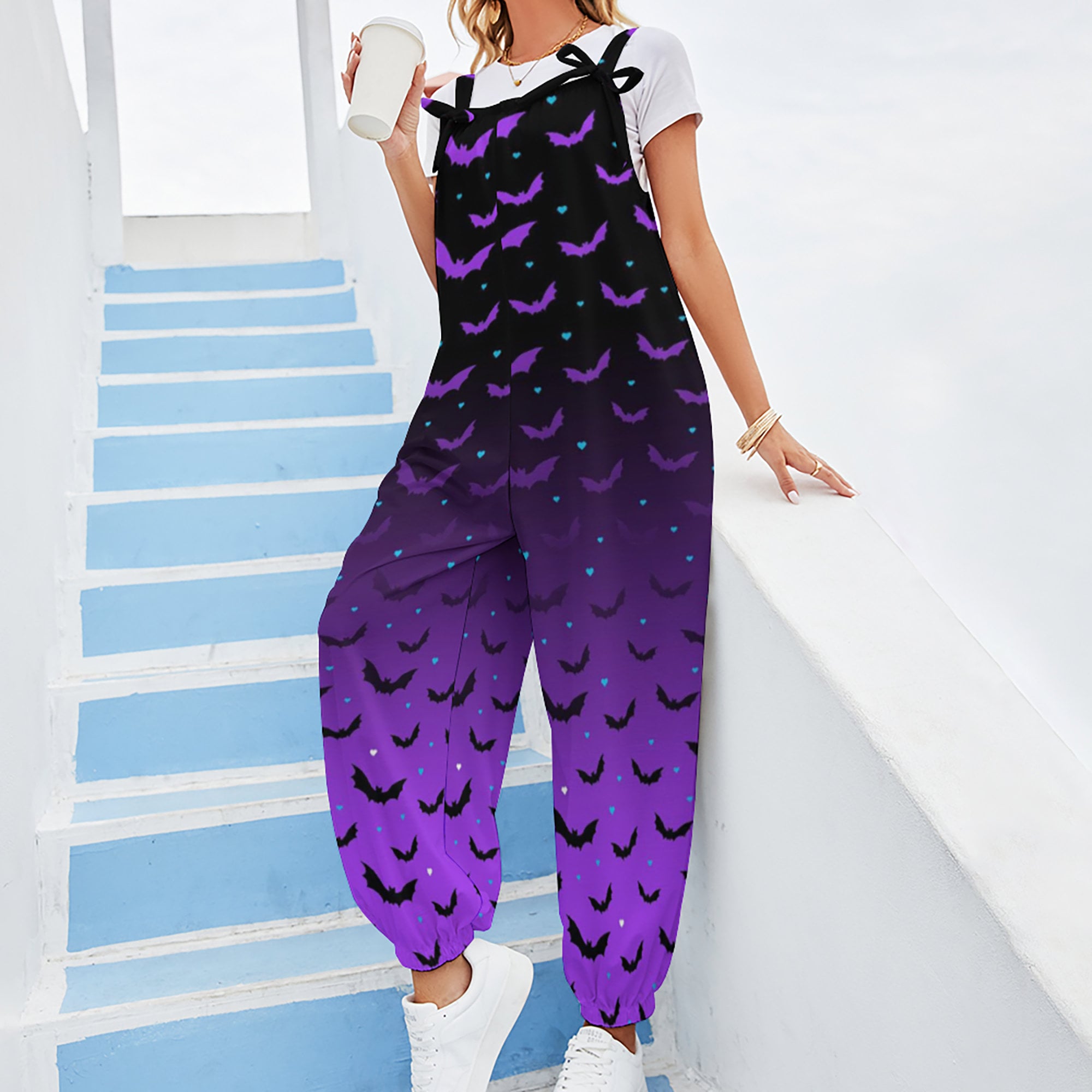 Purple Black Ombre Bat Spooky Halloween Print Ladies Dungarees Overalls ...