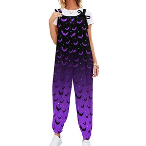 Purple Black Ombre Bat Spooky Halloween Print Ladies Dungarees Overalls ...
