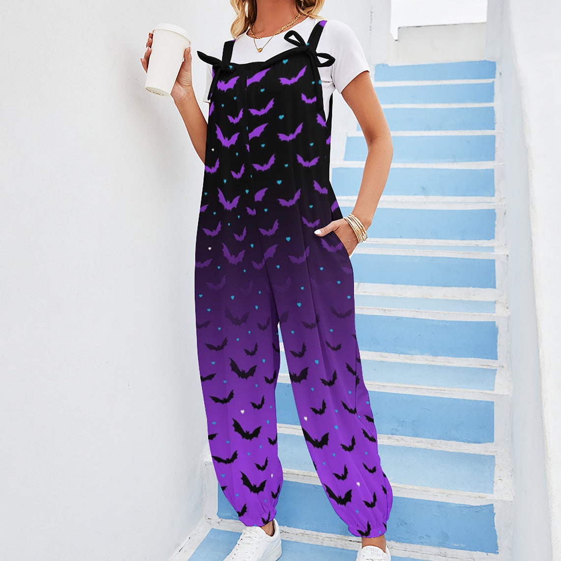 Purple Black Ombre Bat Spooky Halloween Print Ladies Dungarees Overalls ...