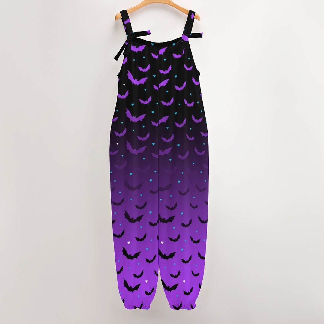 Purple Black Ombre Bat Spooky Halloween Print Ladies Dungarees Overalls ...