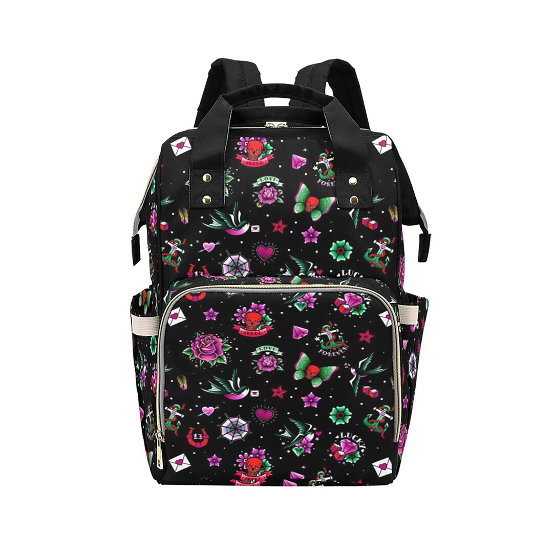 Black Retro Tattoo Goth Diaper Backpack Mommy Bag Travel Changing Nappy ...