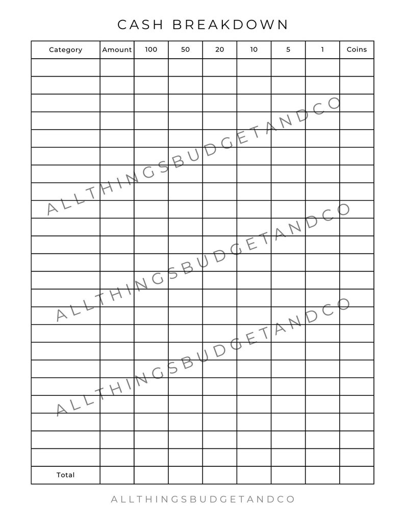 Minimalist Cash Breakdown and Bank Teller Slip Printable PDF - Etsy