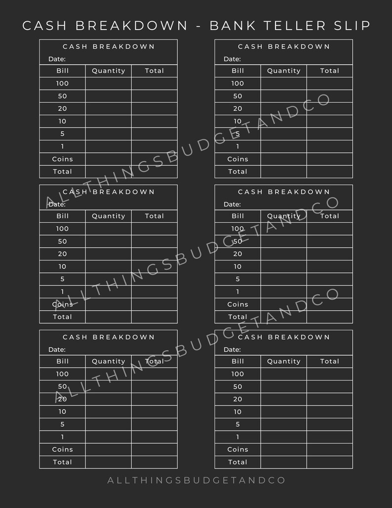 Minimalist Cash Breakdown and Bank Teller Slip Printable PDF - Etsy