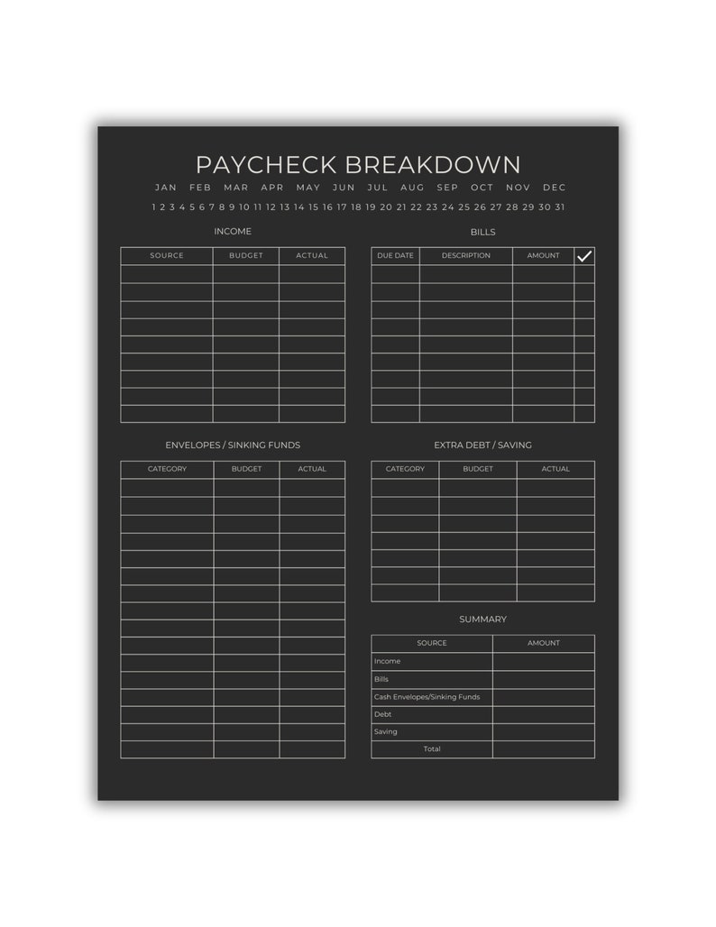 Minimalist Paycheck Breakdown Budget Page Printable PDF - Etsy