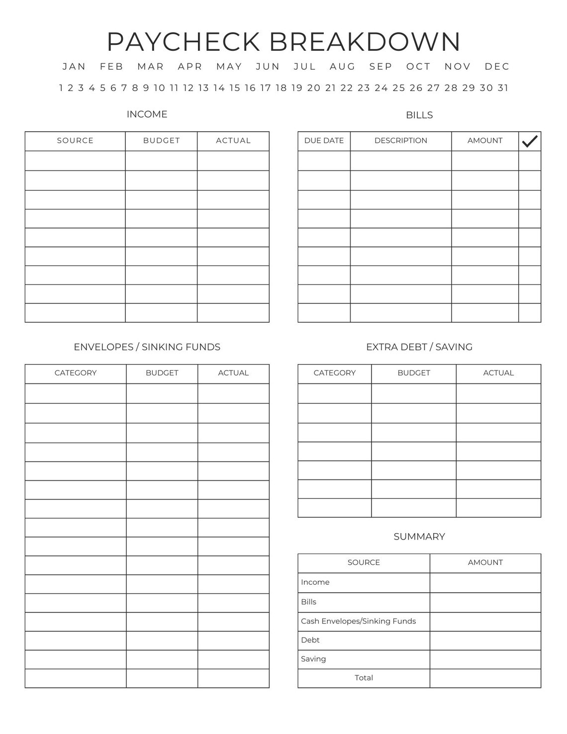 Minimalist Paycheck Breakdown Budget Page Printable PDF - Etsy
