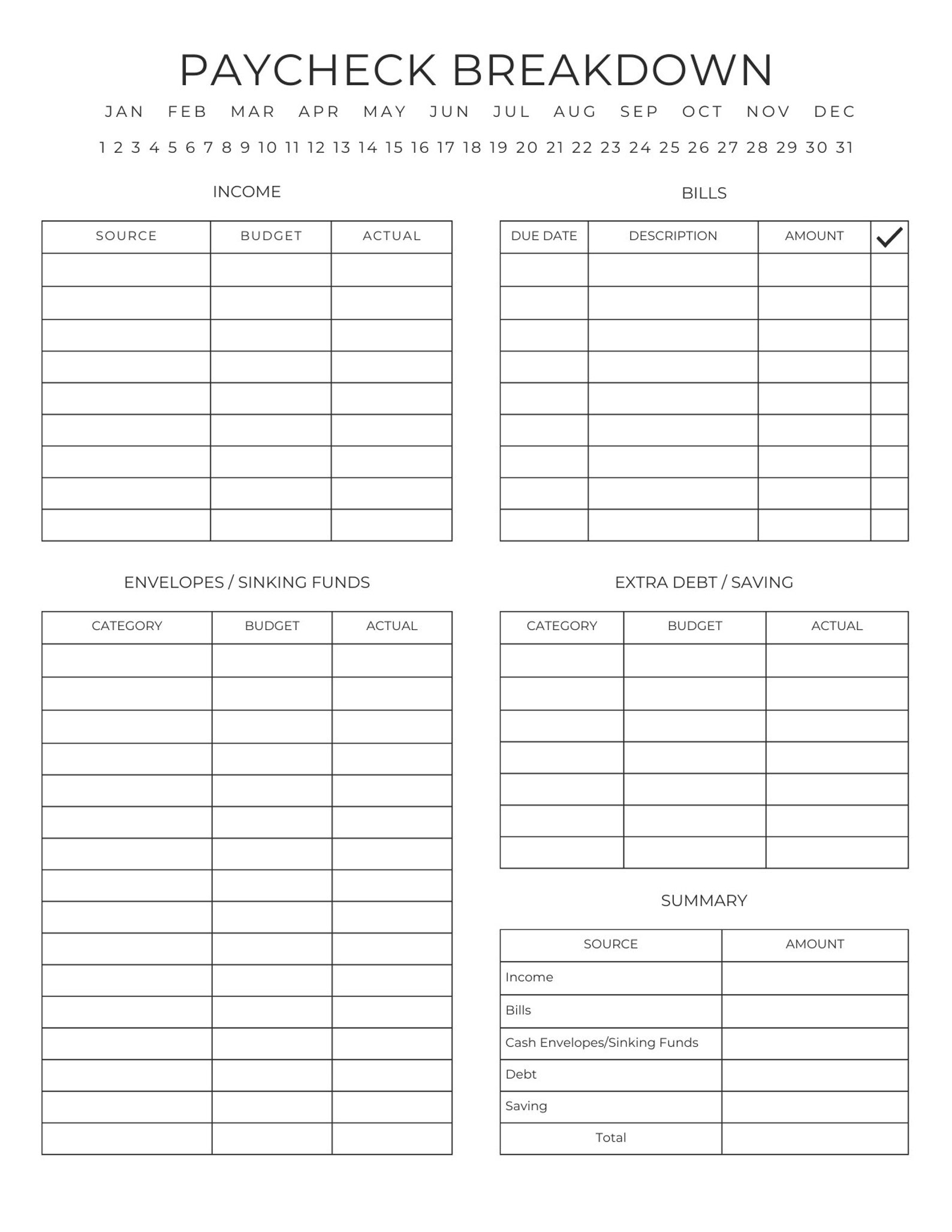 Minimalist Paycheck Breakdown Budget Page Printable PDF - Etsy