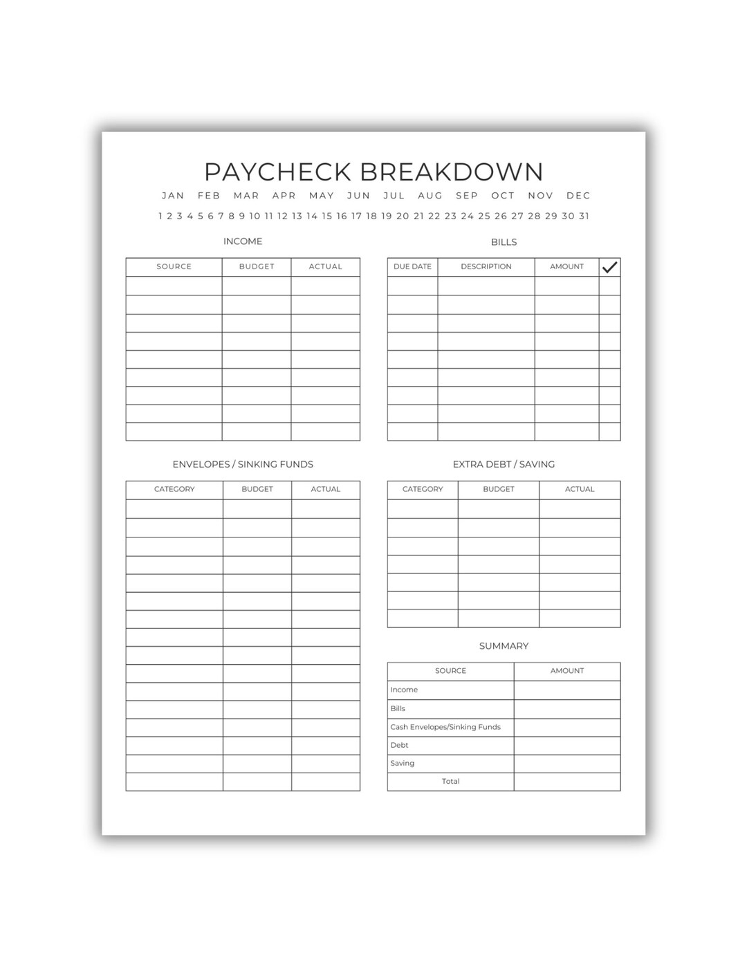 Minimalist Paycheck Breakdown Budget Page Printable PDF - Etsy