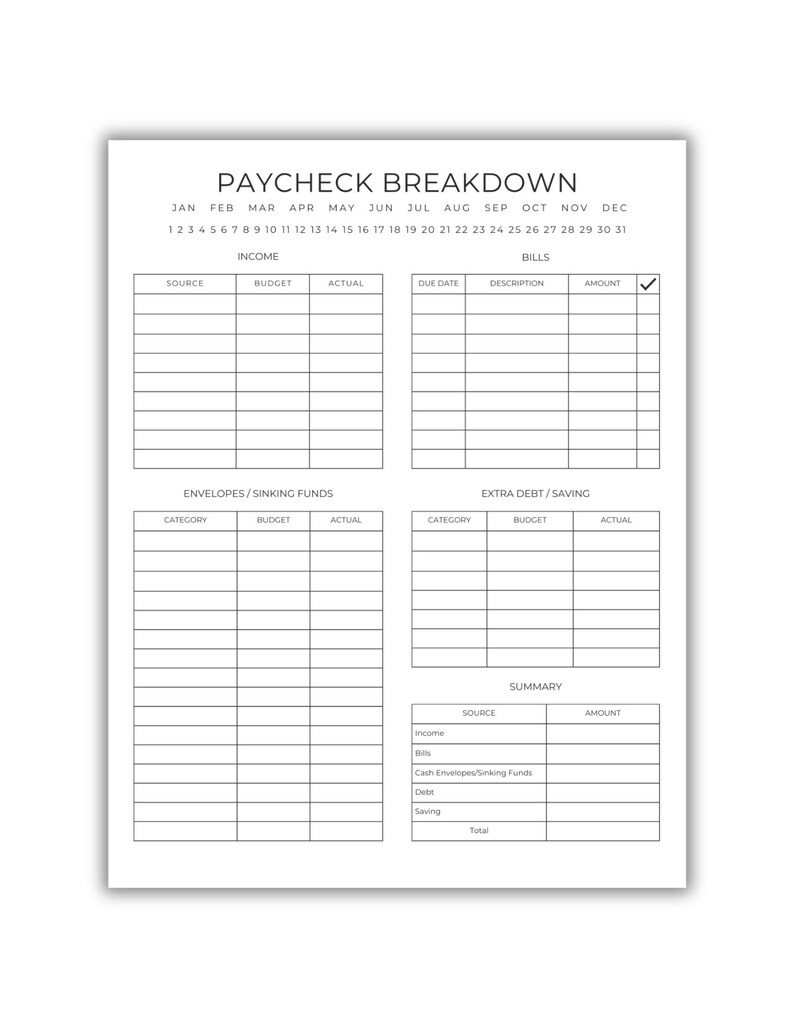 Minimalist Paycheck Breakdown Budget Page Printable PDF - Etsy