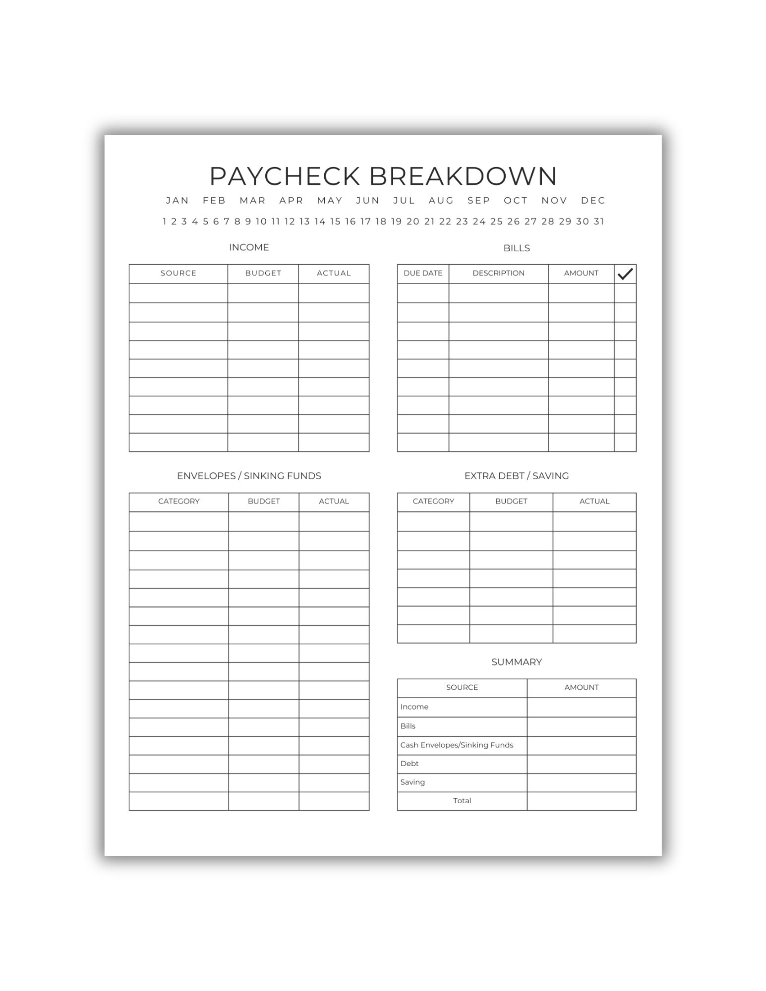 Minimalist Paycheck Breakdown Budget Page Printable PDF - Etsy