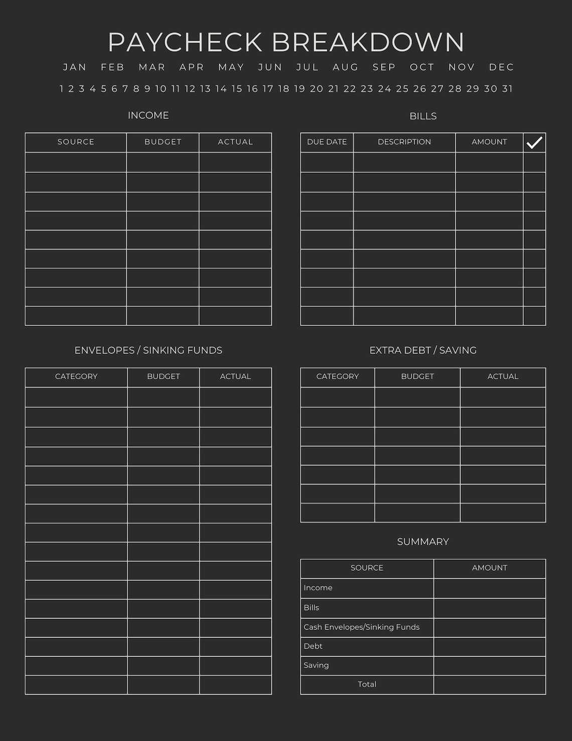 Minimalist Paycheck Breakdown Budget Page Printable PDF - Etsy