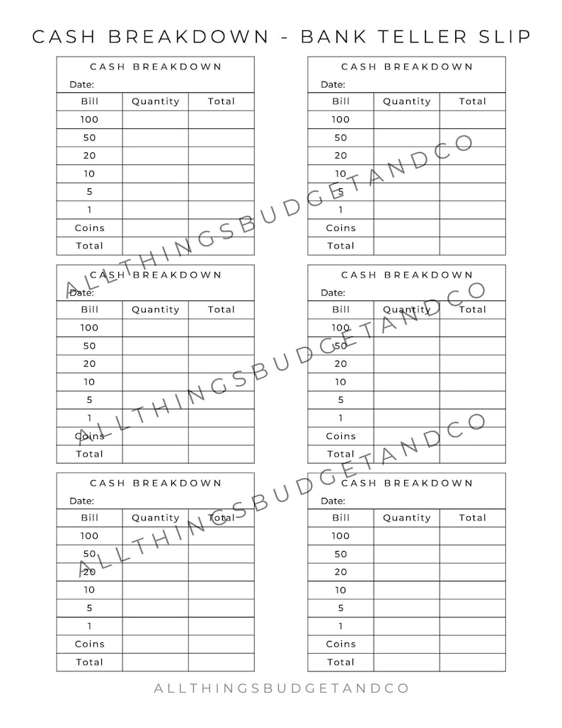 Minimalist Cash Breakdown and Bank Teller Slip Printable PDF - Etsy