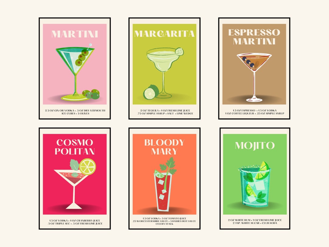 Set of 6 Minimal Alcohol Posters | Digital Prints for Modern Bar Decor ...