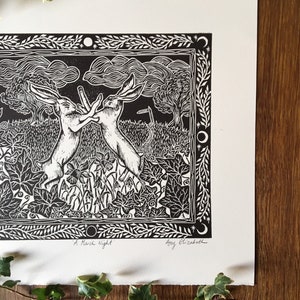 A March Night - Original Lino Print of Boxing Hares - Limited Edition ...