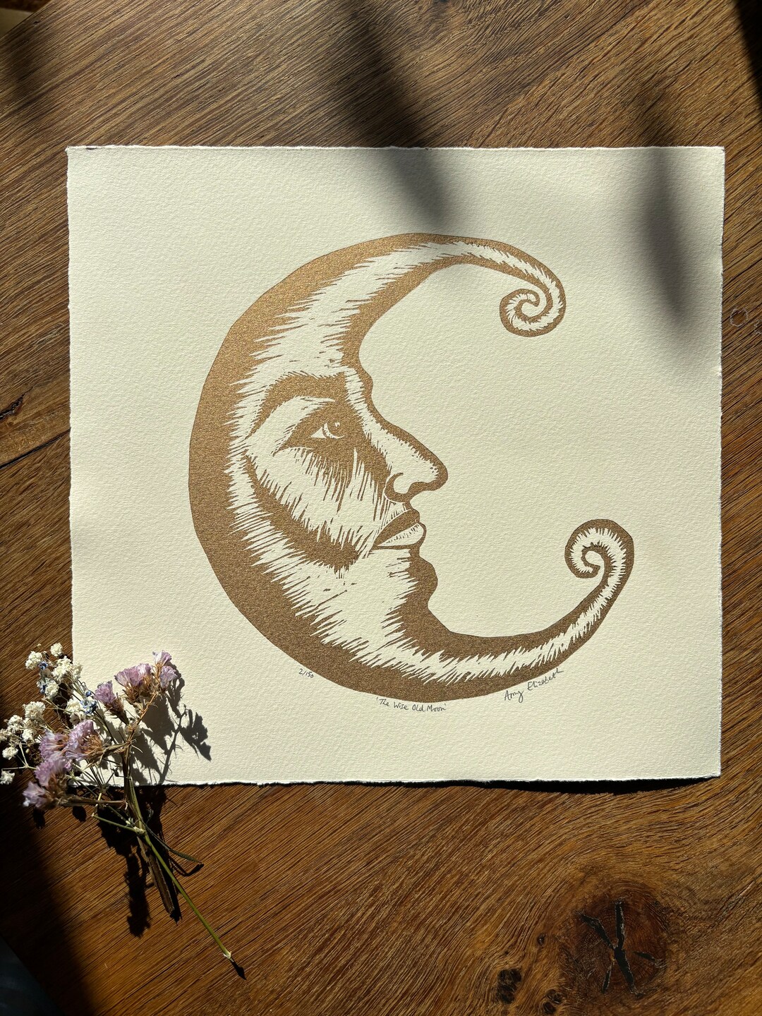 The Wise Old Moon Original Lino Print of the Moon 280gsm Somerset Paper ...