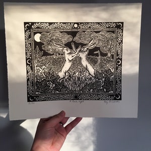A March Night - Original Lino Print of Boxing Hares - Limited Edition ...