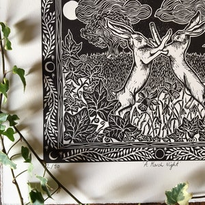 A March Night - Original Lino Print of Boxing Hares - Limited Edition ...