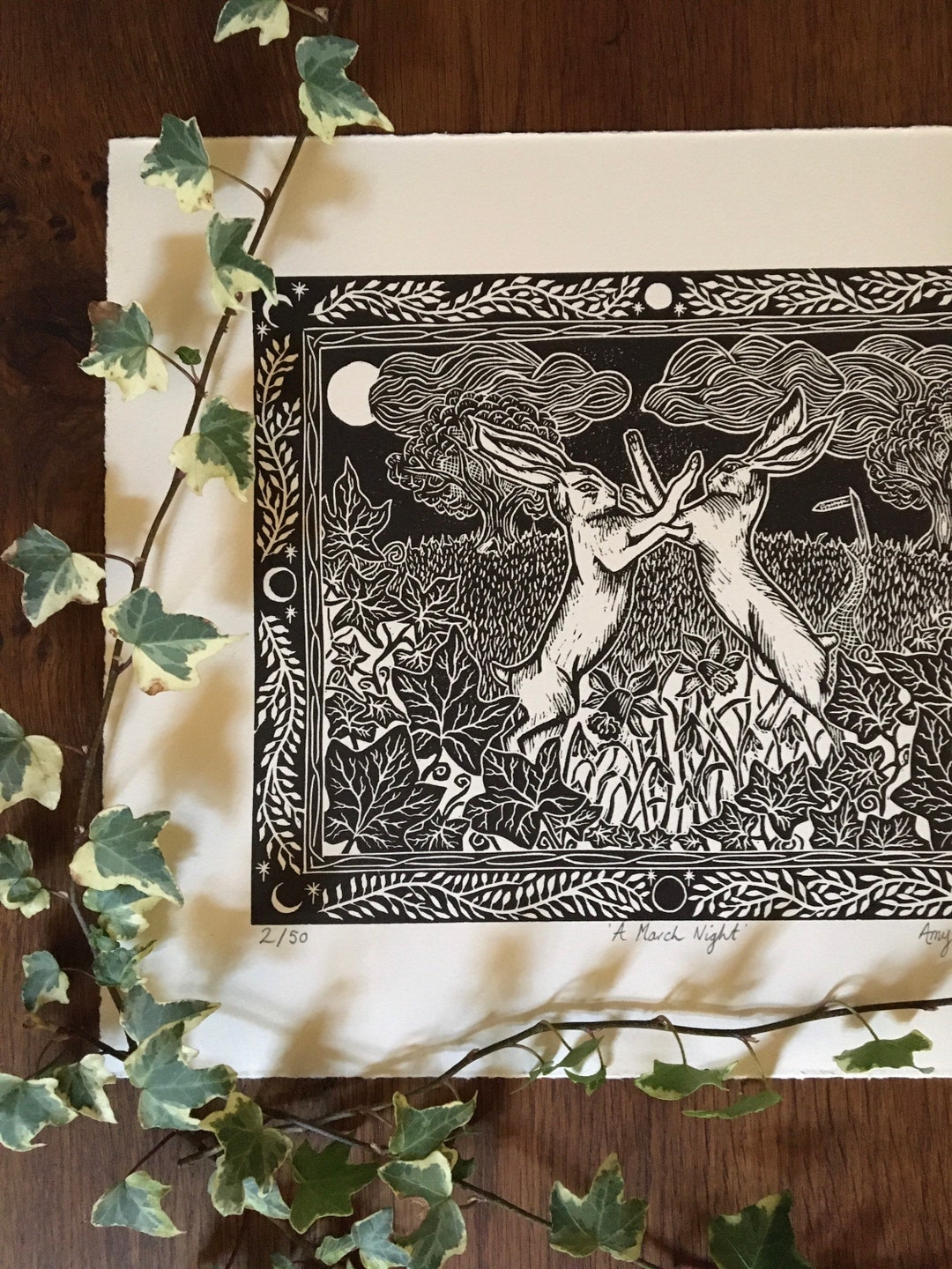 A March Night - Original Lino Print of Boxing Hares - Limited Edition ...