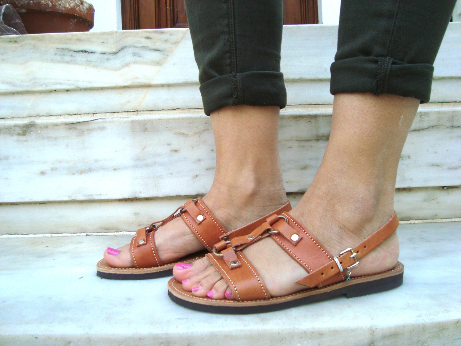 Sandale en cuir grec, Sandales Grecques, Sandales strappy, Sandales ...