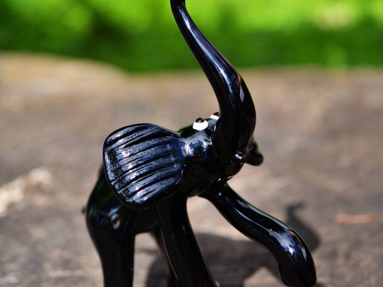 Glass Elephant Figurine Animals Glass Black Elephant Trunk up - Etsy