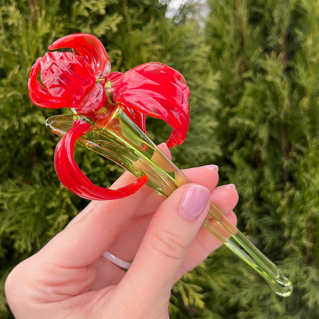 Red Glass Iris Flower Figurine – Blown Glass Iris Sculpture, Murano Art ...