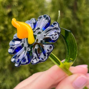 Blue Glass Flower Figurine - Blown Glass Flower Sculpture - Art Glass ...