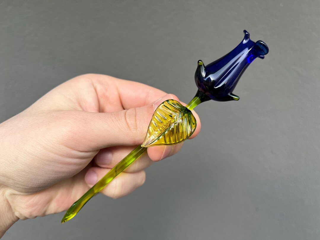 Blue Glass Rose Flower - Handcrafted Long Stem Floral Figurine ...