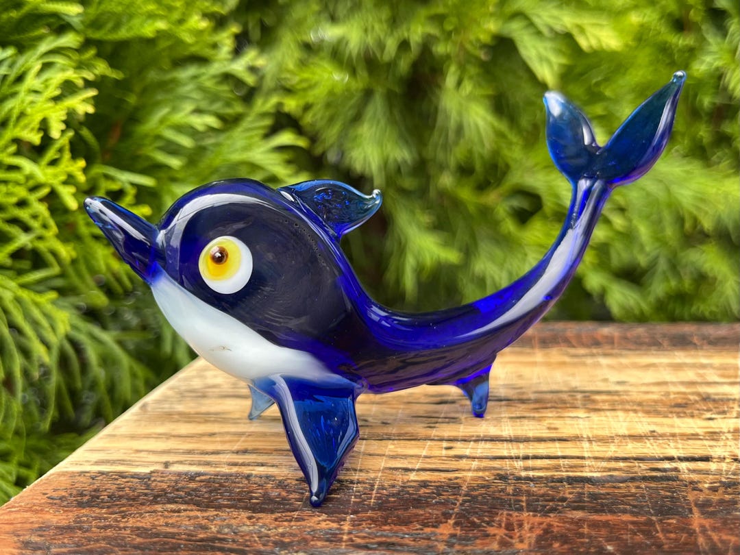 Blue Glass Dolphin Figurine – Blown Glass Sea Animal Sculpture – Murano ...