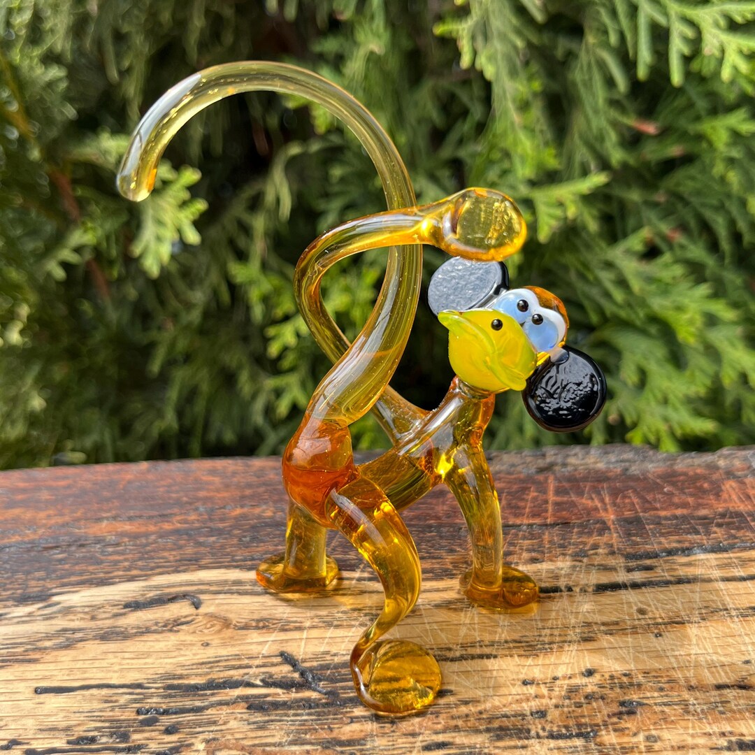 Yellow Glass Monkey Figurine – Hand Blown Murano Style Animal – Jungle ...