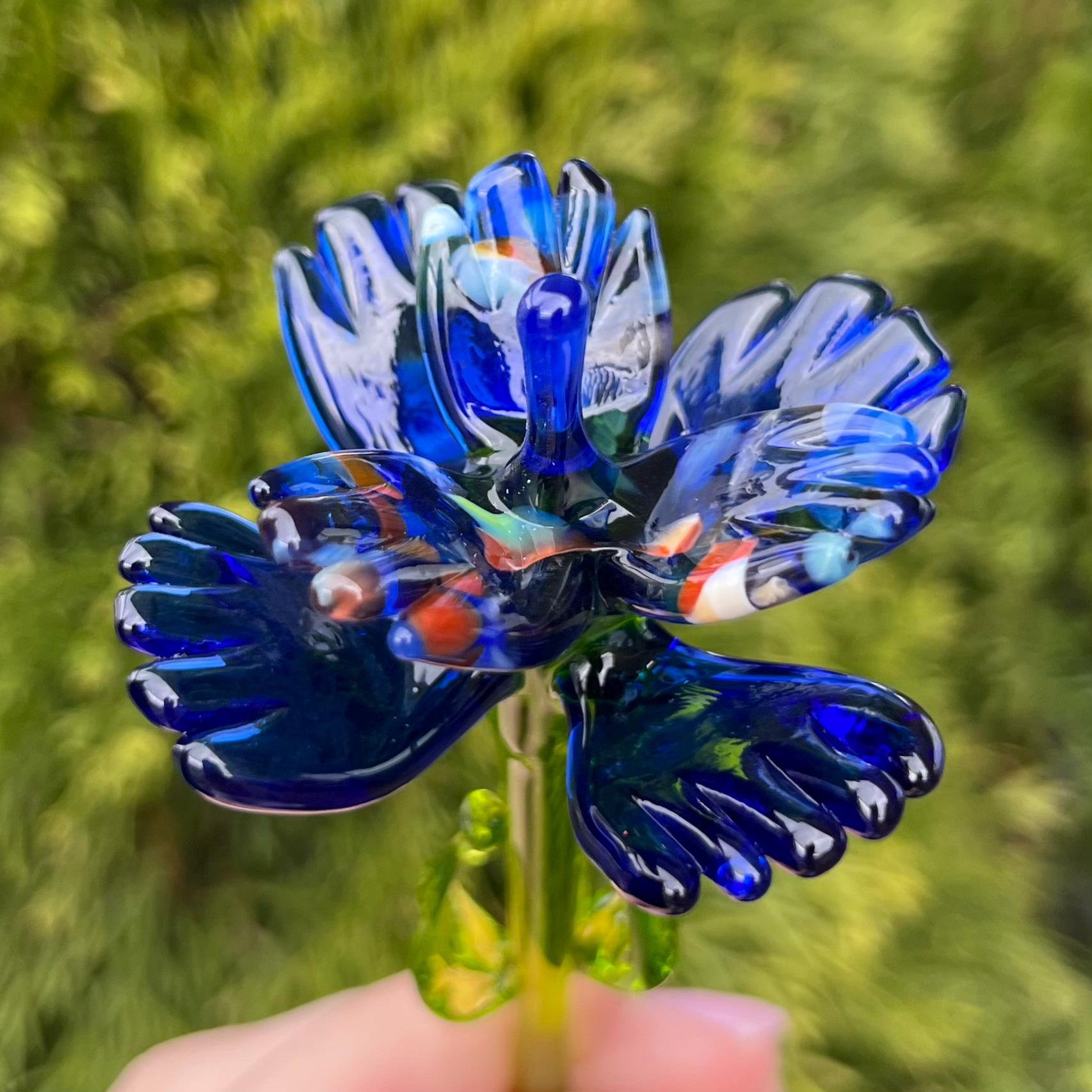 Blue Glass Flower Figurine - Wall Decor Floral Arrangement - Blown ...