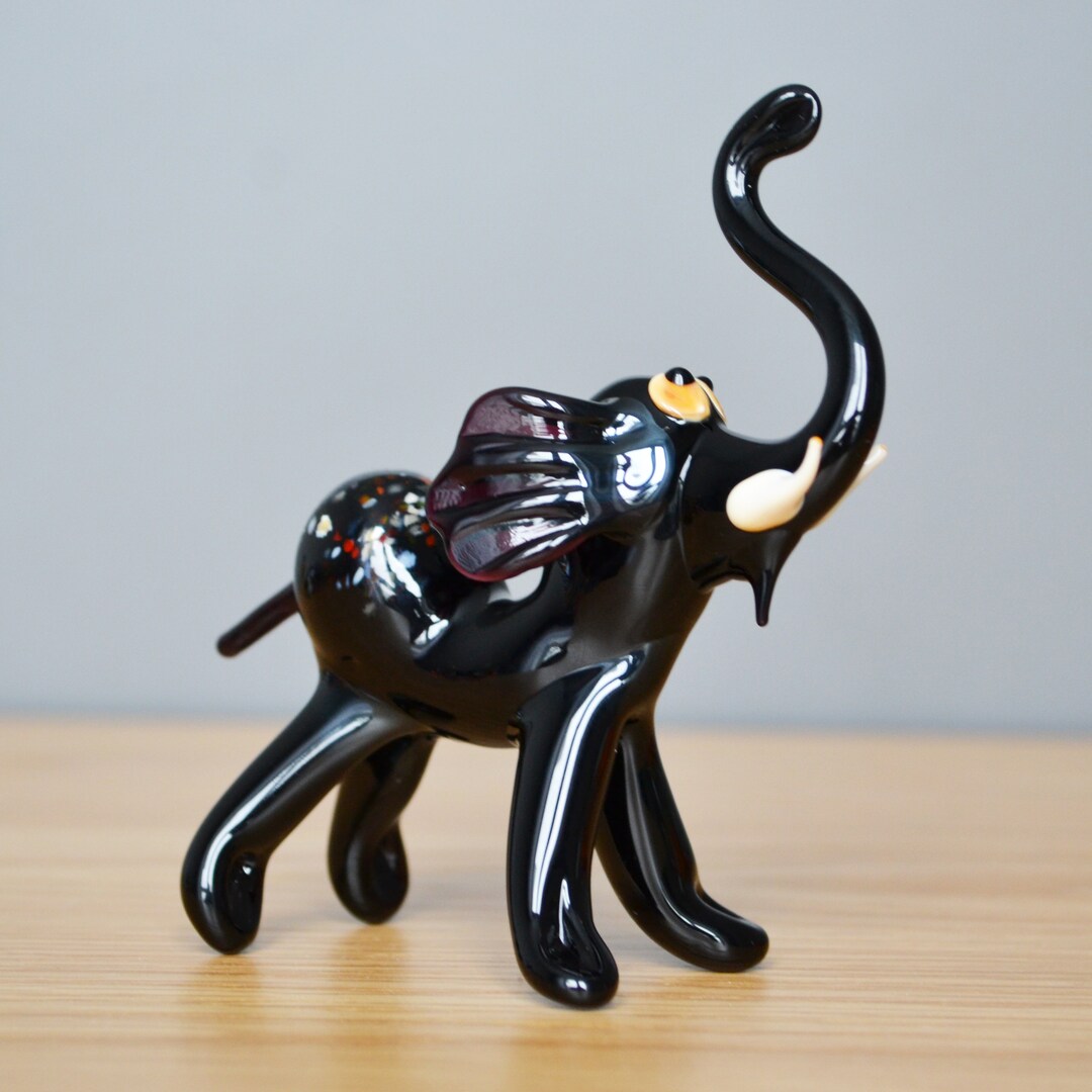 Glass Elephant Figurine Animals Glass Black Elephant Trunk up Sculpture ...