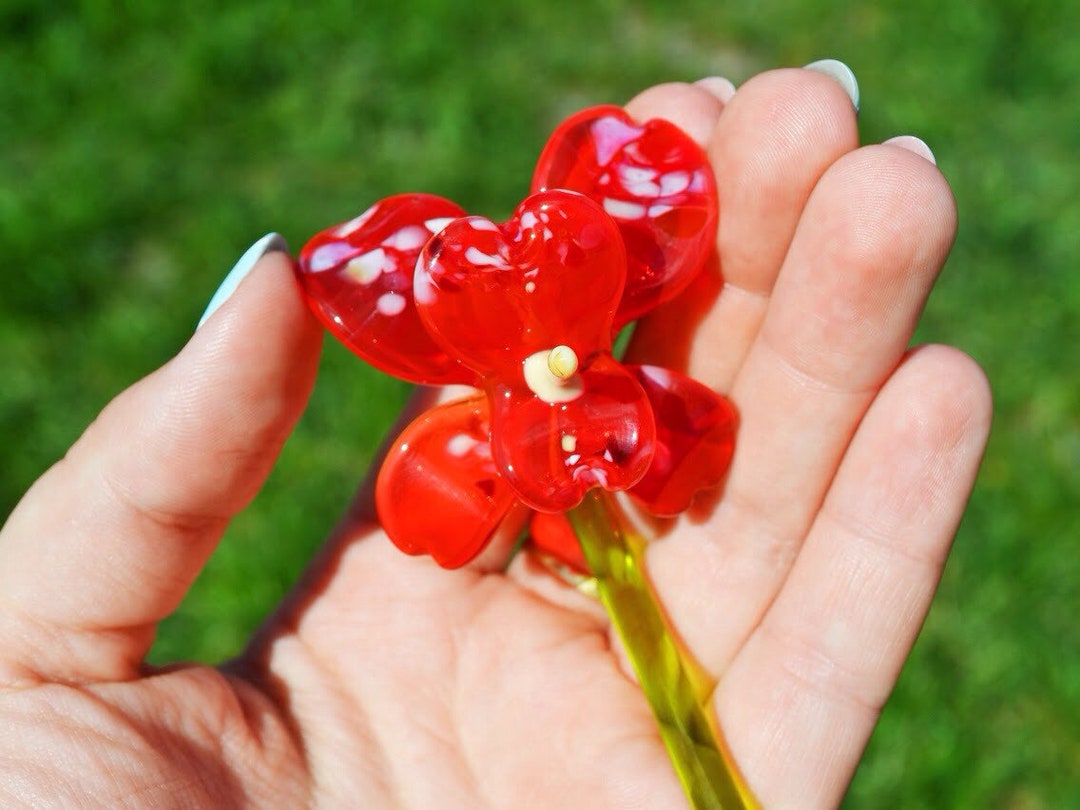 Red Glass Orchid Flower Figurine - Blown Red Flower Sculpture for Vase ...