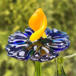 Blue Glass Flower Figurine - Blown Glass Flower Sculpture - Art Glass ...