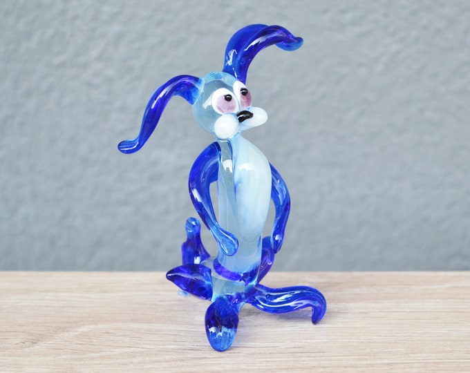 Blue Glass Rabbit Figurine Gift for Easter Art Glass Animals Blown ...