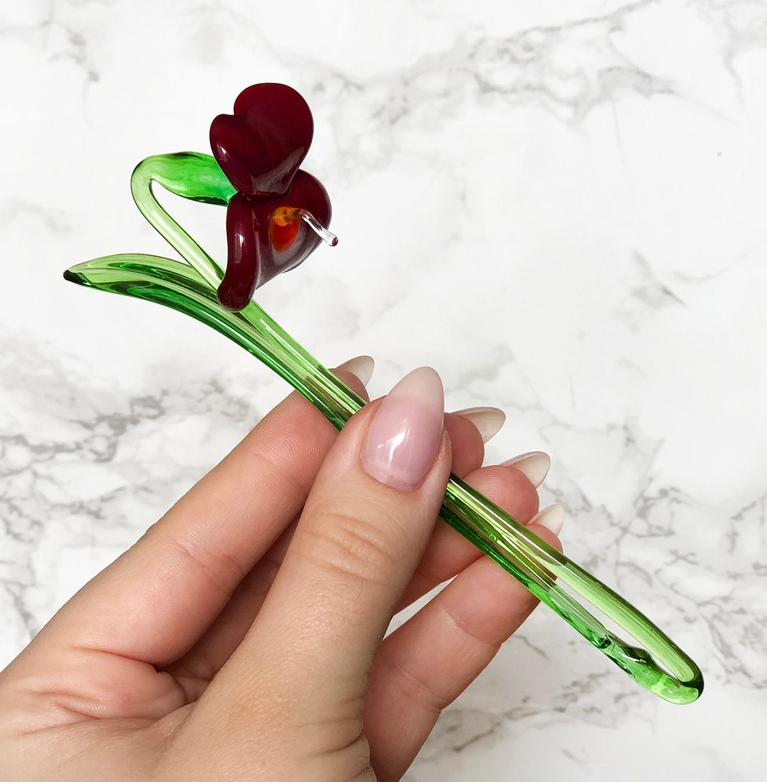 Violet Glass Flower Figurine - Red Violet Glass Flower Gift - Red Glass ...