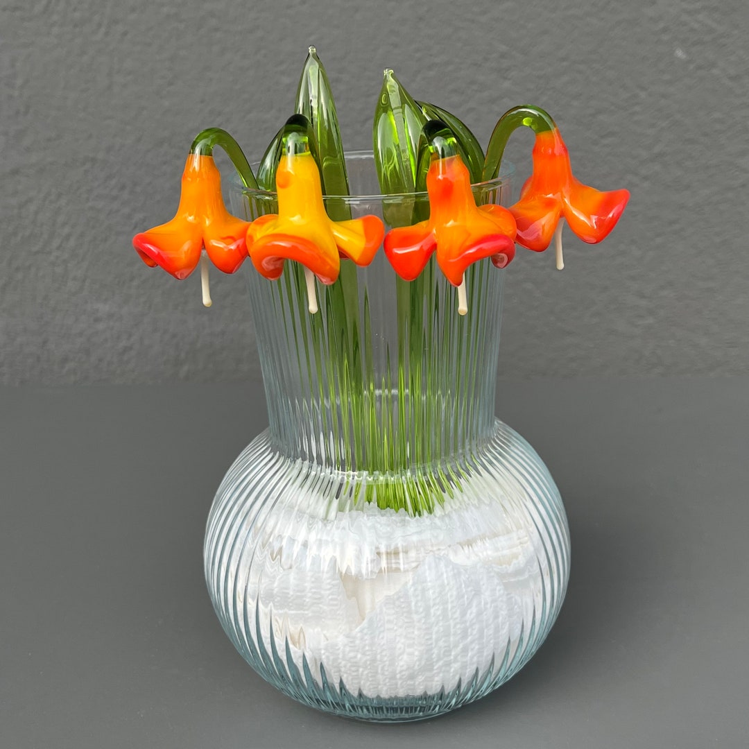 Glass Flower Figurine Glass Bell Flower Bouquet Orange Flower Sculpture ...