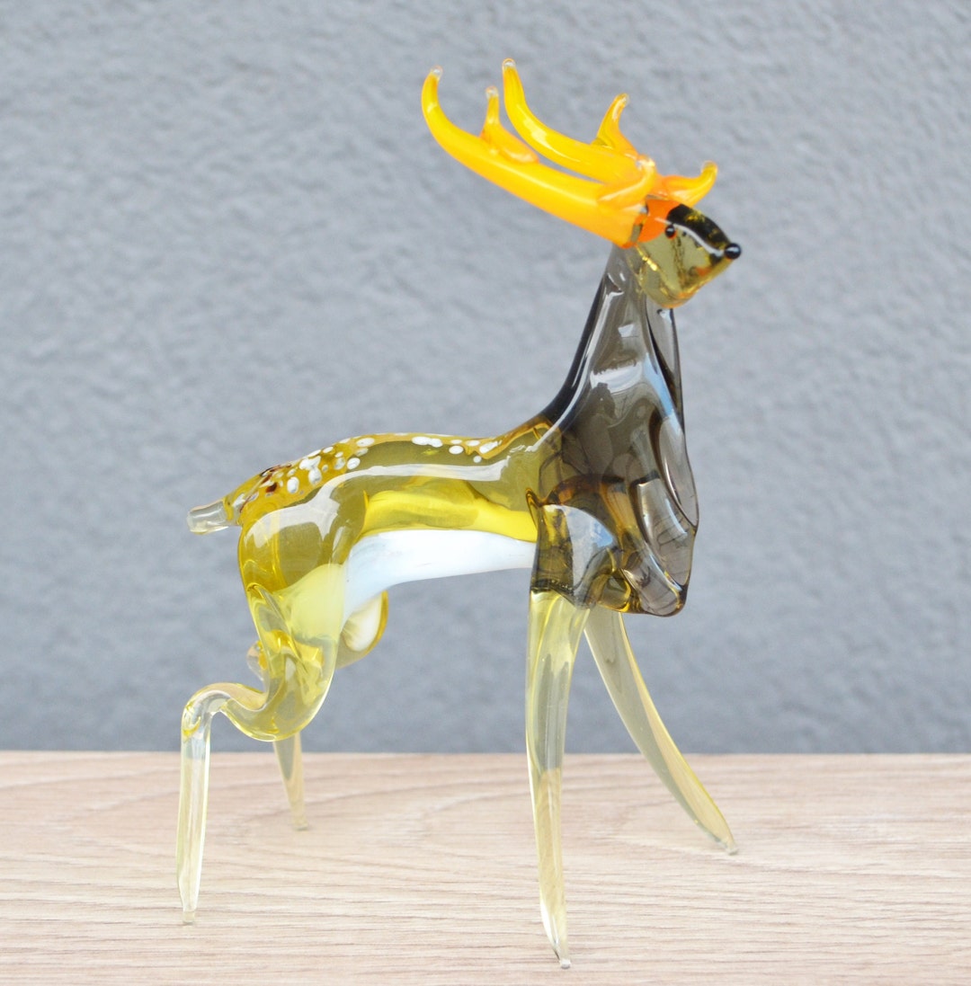 Murano Glass Deer Figurine Large Glass Deer Sculpture Decorative Yellow Deer Tabletop Glass Deer