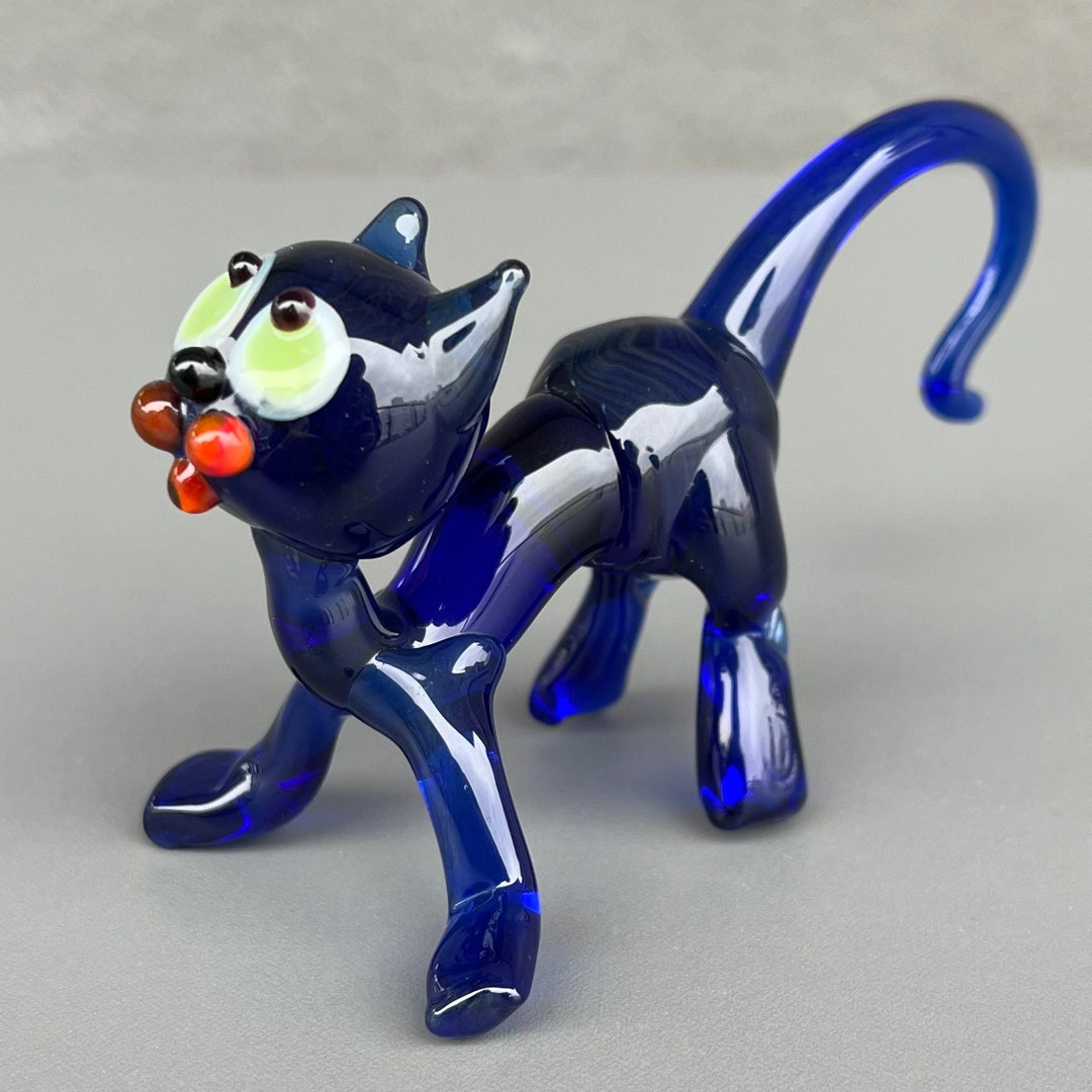 Blue Glass Cat Figurine Cat Animals Glass Cat Miniature Art - Etsy