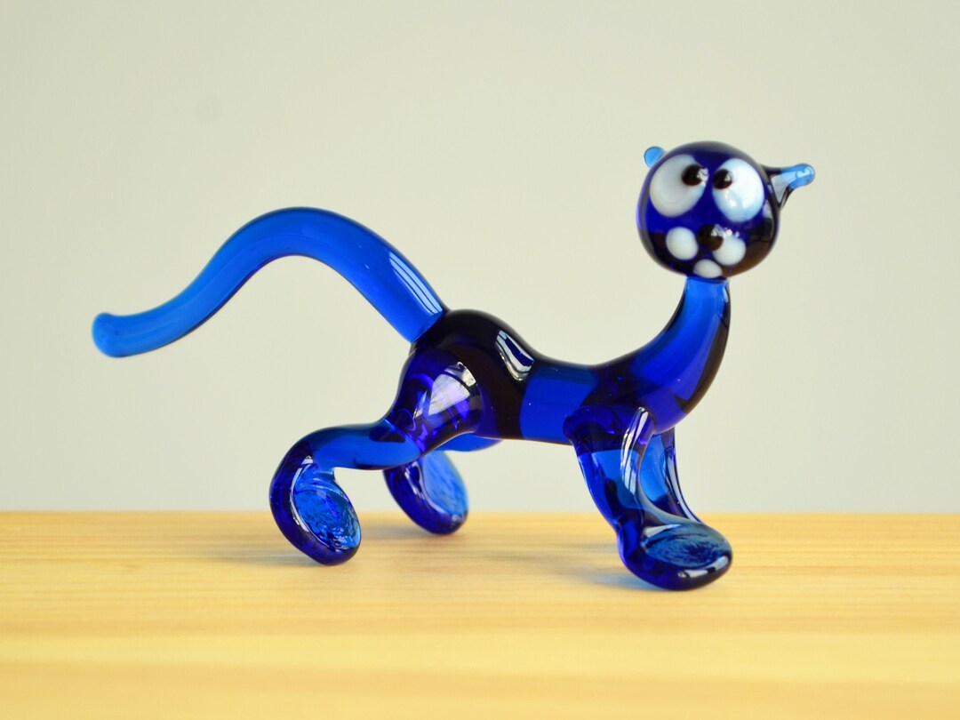 Glass Cat Figurine Blue Cat Animals Glass Kitten Miniature Art Glass ...