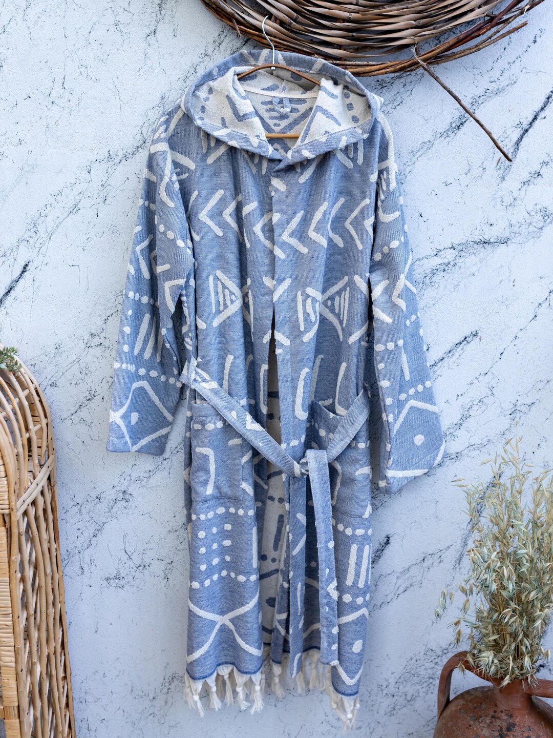 Aztec Tribal Luxury Raised Terry Bathrobe Turkish Cotton Resort Nautic ...