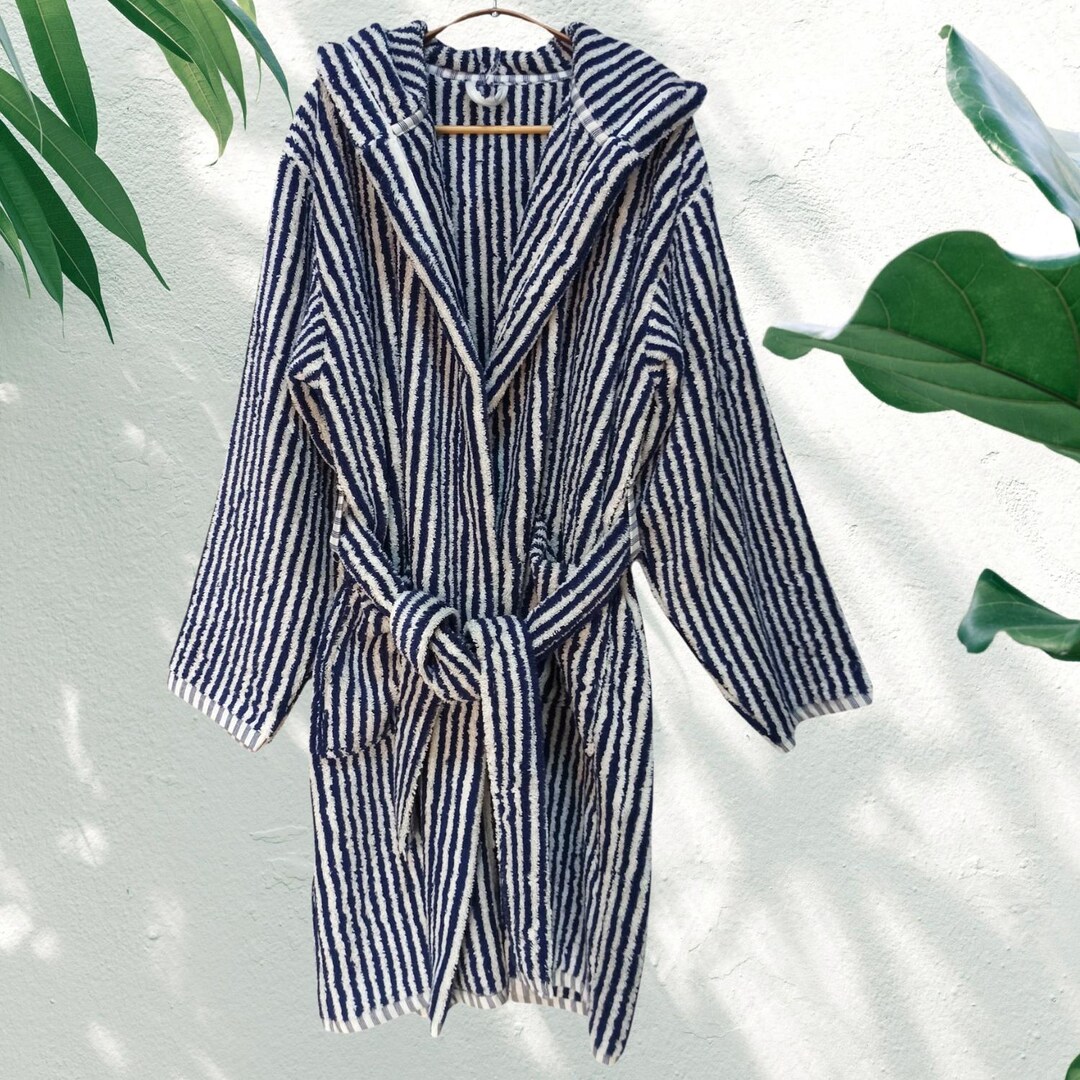 Handloomed Stripe Terry Texture Bathrobe Turkish Cotton Resort Heavy ...