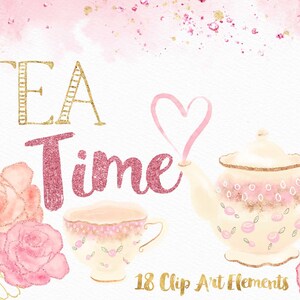 Tea Party Clipart - Tea Time Clip Art - Pink Gold Garden Party Graphics ...
