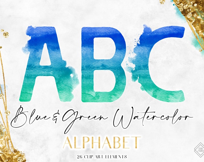 Watercolor Alphabet Clipart (104 Pc) Mint Teal Aqua Blue Turquoise ...